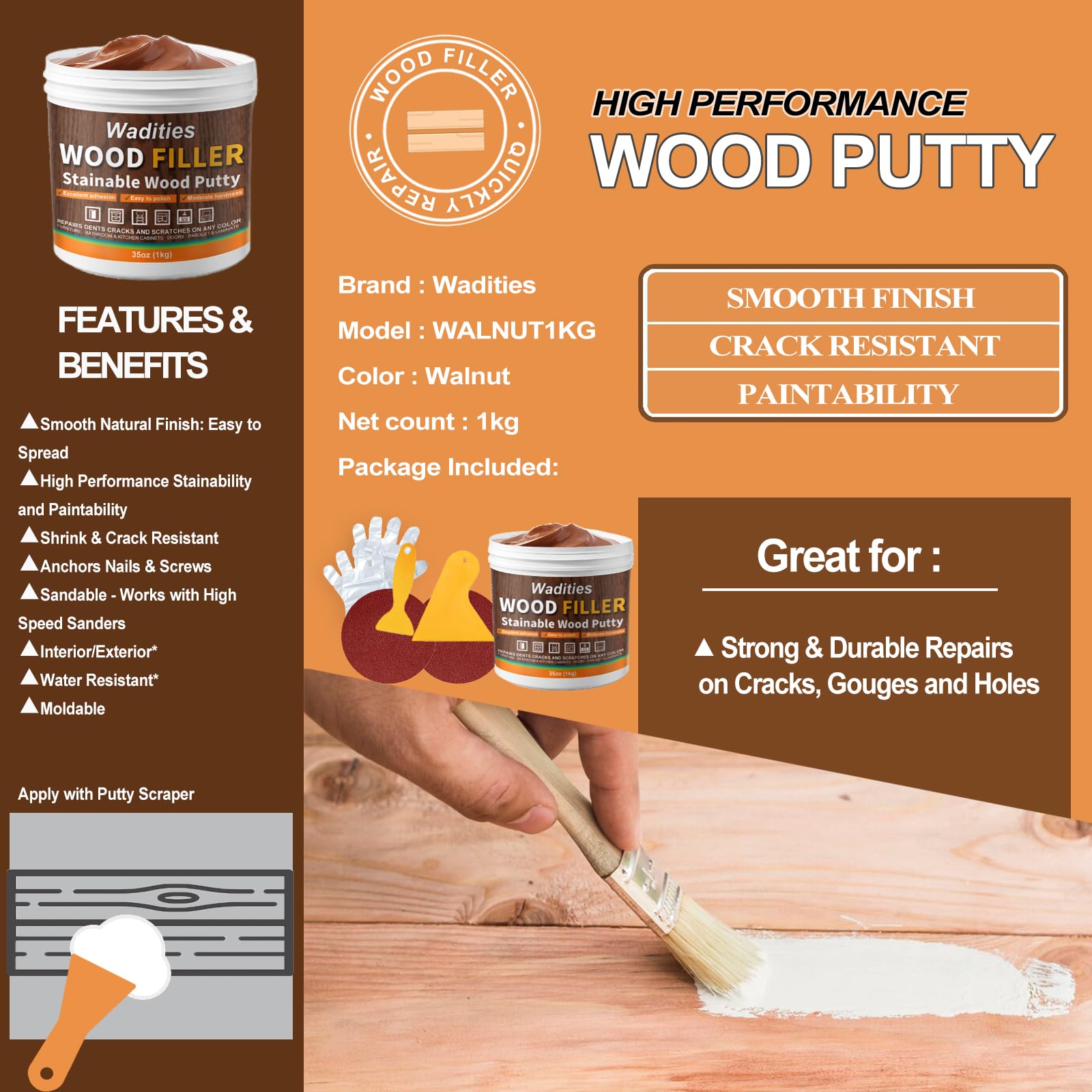 35oz Wood Filler, Walnut Wood Putty, Wadities Paintable Stainable Wood Repair Putty, Wood Furniture Repair Kit, Quickly Repair Broken and Defective Wooden Furniture (Walnut)