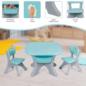 SUPER DEAL Kids Table and Chairs Set 3 Piece Plastic Children Activity Table with 4 Detachable Toy Storage Bins for Arts, Crafts, Snack Time and More, Safety Round Corners, Green