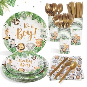 175pcs safari baby shower decorations plates set, jungle theme zoo animals plates napkins cups and cutlery for 25 guests