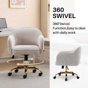 obmedin Home Office Desk Chair with Arms Gold Wheels Modern Velvet Upholstered Rolling Computer Chair Mid-Back Ergonomic Adjustable Swivel Vanity Chair for Bedroom Study Office, Beige,Corduroy