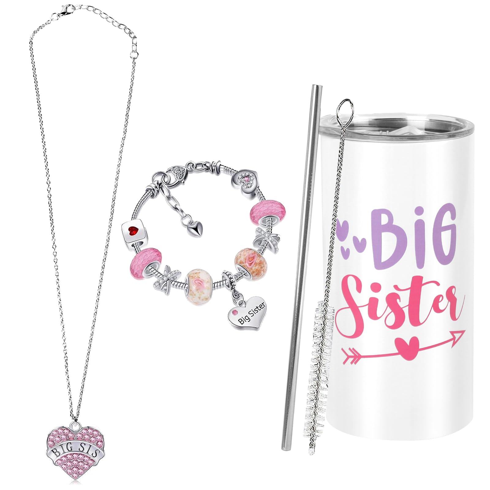 CIXICM 3 Pcs Big Sister Gift 12 oz Pink Sister Cup Stainless Steel Mug Vacuum Insulated Tumbler with Leak Proof Lid and Straw Sister Bracelet Sister Announcement Jewelry for Little Girl