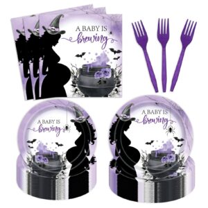 96pcs halloween baby shower party plates supplies - a baby is brewing halloween party tableware decorations gender reveal disposable paper plates napkins forks for for baby boy girl serves 24 guests