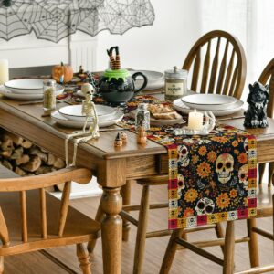 Artoid Mode Sugar Skull Yellow Daisy Day of The Dead Table Runner, Dia De Los Muertos Mexican Kitchen Dining Table Decoration for Home Party Decor 13x72 Inch