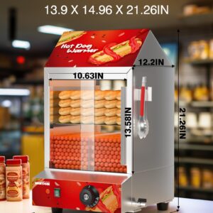 WantJoin Hot Dog Steamer, 2 Tiers Electric Hot Dog Steamer with Bun Warmer 27 L/24.52 QT, Visuable Glass Slide Doors Suit for 175 Hot Dogs and 40 Buns, Red