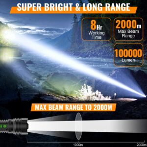 LED Rechargeable Flashlight 100000 High Lumens with Camping Lanterns - 2000 Meters Long Beam Super Bright LED Flashlight, Waterproof Camping Tent Lights 5 Modes, Zoomable Camping Flashlight Lantern