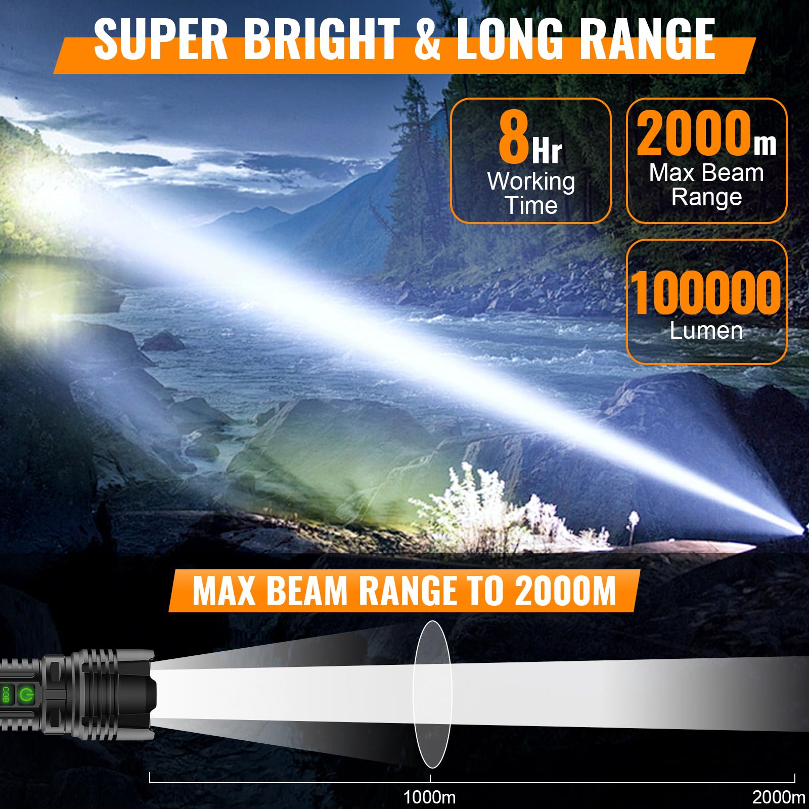 LED Rechargeable Flashlight 100000 High Lumens with Camping Lanterns - 2000 Meters Long Beam Super Bright LED Flashlight, Waterproof Camping Tent Lights 5 Modes, Zoomable Camping Flashlight Lantern