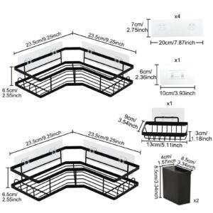 Adhesive Corner Shower Caddy, 2 Packs Shower Organizer Shelves No Drilling Stainless Steel Shower Storage Rack with Hooks & 2pcs Toothpaste Holders for Bathroom Rustproof, Space Saving (Black 5pcs)