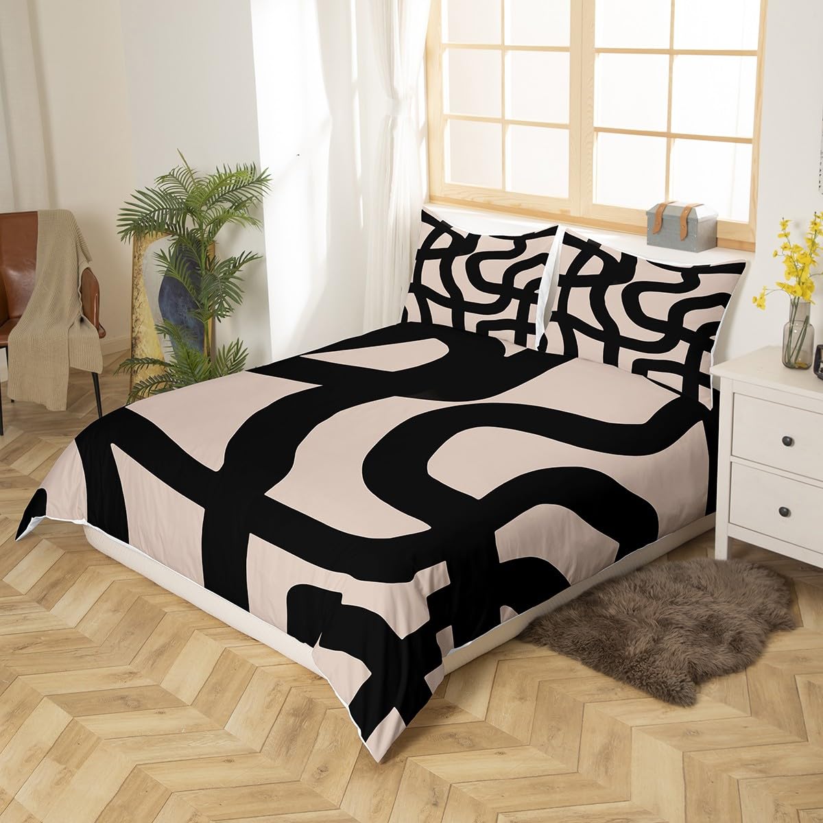 jejeloiu Black and Dark Tan Duvet Cover King Size Geometric Modern Bedding Set for Kids Abstract Neutral Art Comforter Cover Set Women Men Teens Geometry Home Decor Bedspread Cover,No Insert