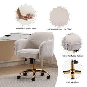 obmedin Home Office Desk Chair with Arms Gold Wheels Modern Velvet Upholstered Rolling Computer Chair Mid-Back Ergonomic Adjustable Swivel Vanity Chair for Bedroom Study Office, Beige,Corduroy