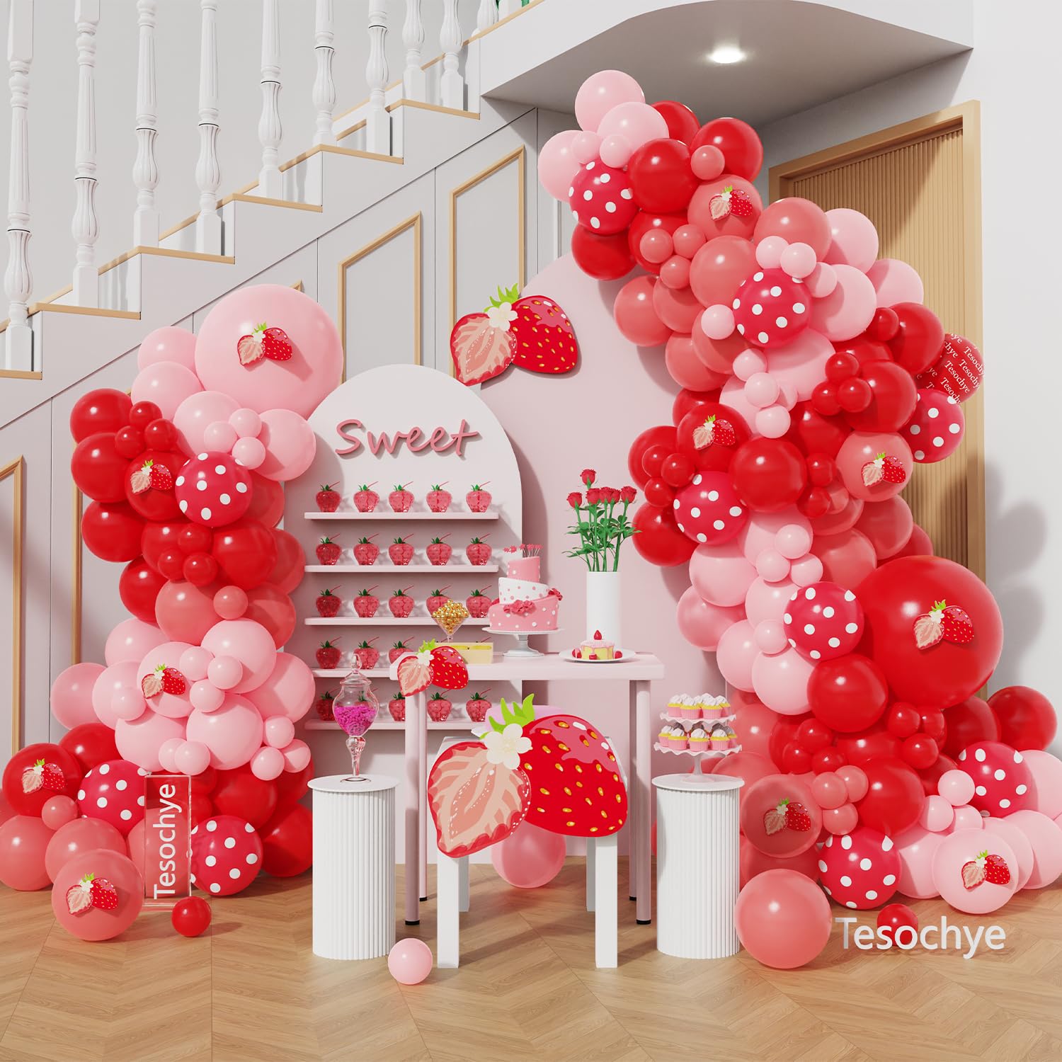 Strawberry Party Decorations,153pcs Strawberry Balloon Garland Arch Kit Light Pink Dusty Pink Red Balloons for Sweet Girl Berry First Birthday Decor Baby Shower Supplies