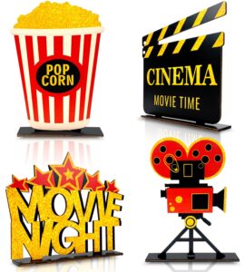 4 pieces movie night decorations movie theater table wooden centerpieces sign hollywood theme party decorations for cinema movie time birthday party favors supplies