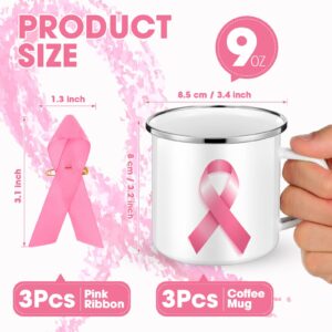 Potchen 3 Set Breast Cancer Awareness Mini Coffee Mug with Pink Ribbon Pin Pink Ribbon Enamel Mugs Breast Cancer Mini Drinking Cups for Tiered Tray Decoration Breast Cancer Survivor Gifts for Women