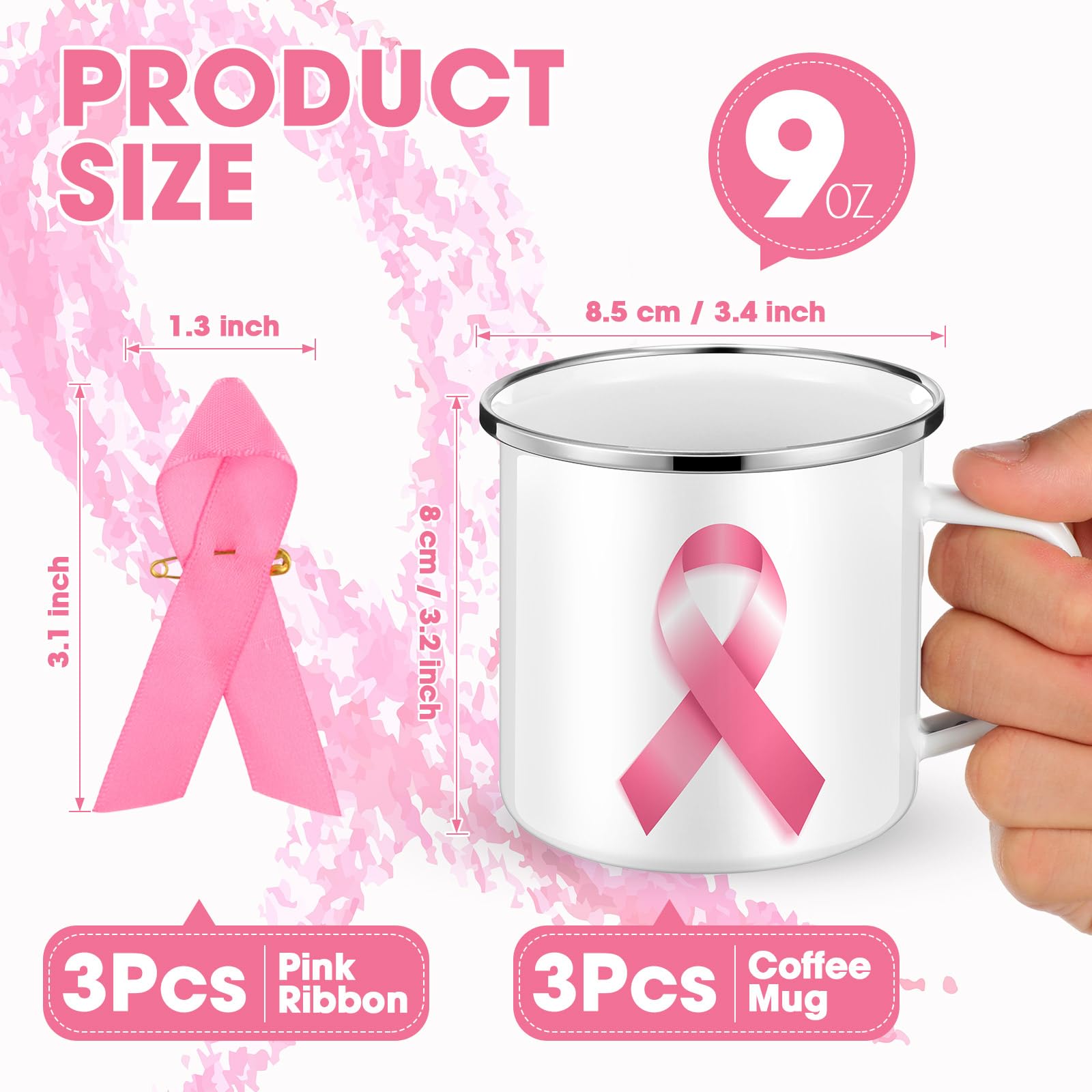 Potchen 3 Set Breast Cancer Awareness Mini Coffee Mug with Pink Ribbon Pin Pink Ribbon Enamel Mugs Breast Cancer Mini Drinking Cups for Tiered Tray Decoration Breast Cancer Survivor Gifts for Women