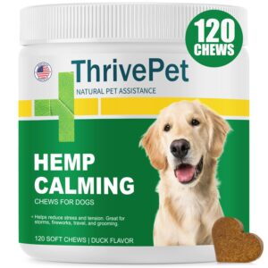 thrivepet hemp calming chews for dogs - 120 count | duck flavor - puppy dog calming treats supplement for storm anxiety, sleep, relaxing, separation aid, stress relief - vet approved - made in usa