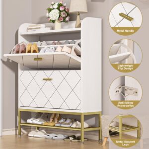 VTRIN Shoe Cabinet with 2 Flip Drawers, Wooden Shoe Organizer Cabinet Modern Sturdy Hidden Shoe Rack Cabinet with Metal Legs Narrow Shoe Cabinet for Entryway Shoe Storage Cabinet, White