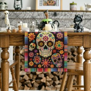 Artoid Mode Flowers Sugar Skull Mexican Day of The Dead Table Runner, Dia De Los Muertos Kitchen Dining Table Decoration for Home Party Decor 13x72 Inch