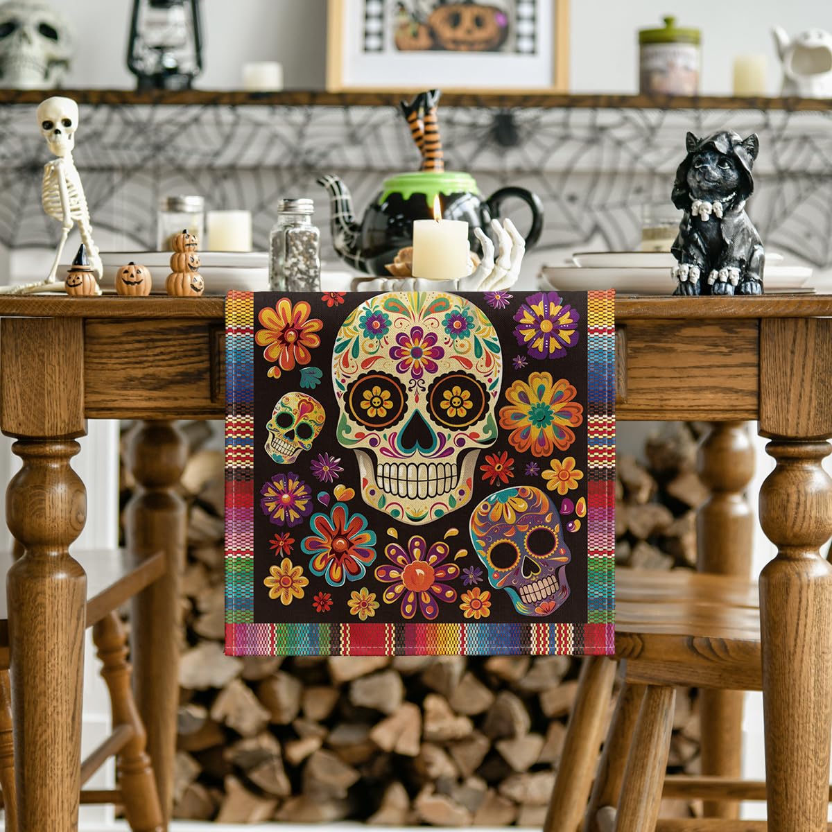 Artoid Mode Flowers Sugar Skull Mexican Day of The Dead Table Runner, Dia De Los Muertos Kitchen Dining Table Decoration for Home Party Decor 13x72 Inch