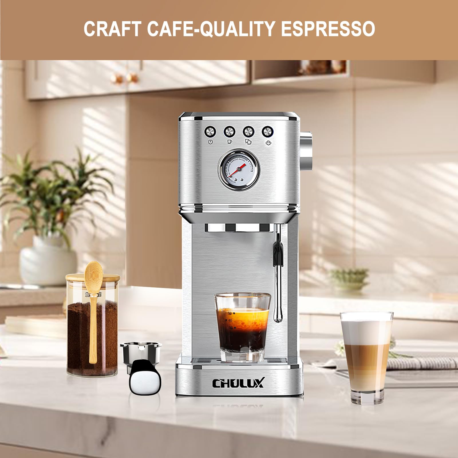 CHULUX Kom-Pro Espresso Machine 20 Bar, Semi Automatic Stainless Steel Coffee Machine for Home Latte Cappuccino Espresso Maker, Powerful Milk Frother Steam Wand