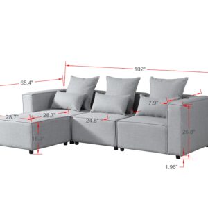 BIOEVER Modular Sectional Sofa,Convertible L Shaped 3 Seater Sofa with Removable Ottoman,Oversized Sectional Couches for Living Room,Modular Sectionals with Chaise,Corner Couch(Gray)