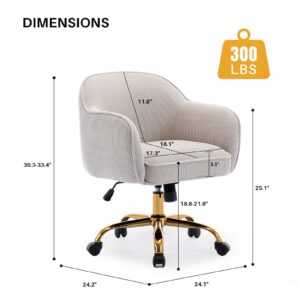 obmedin Home Office Desk Chair with Arms Gold Wheels Modern Velvet Upholstered Rolling Computer Chair Mid-Back Ergonomic Adjustable Swivel Vanity Chair for Bedroom Study Office, Beige,Corduroy