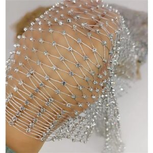 60x90cm silver shiny stretch crystal rhinestone fishnet one yard mesh sheer cutout fabric 2024 ins popular designer diy wedding dresses, gift wrapping mask decoration (silver, 1 yard)