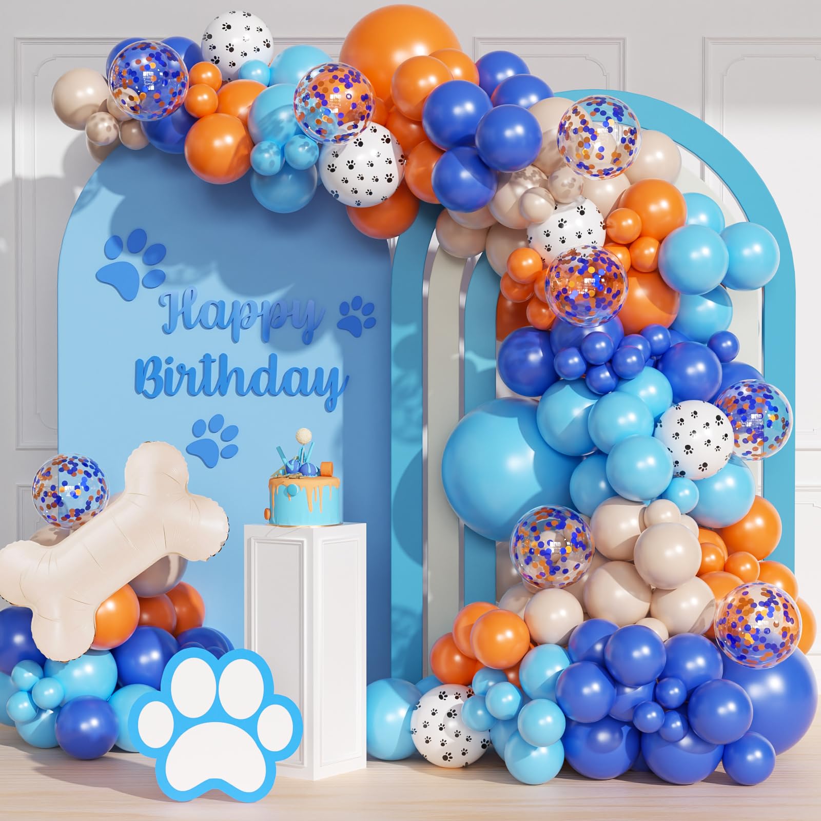 136pcs Blue Balloon Garland Arch Kit, DIY Blue Orange Nude White Dog Bone Paw Print Balloons Arch for Theme Baby Shower Anniversary Blue Birthday Party Decorations