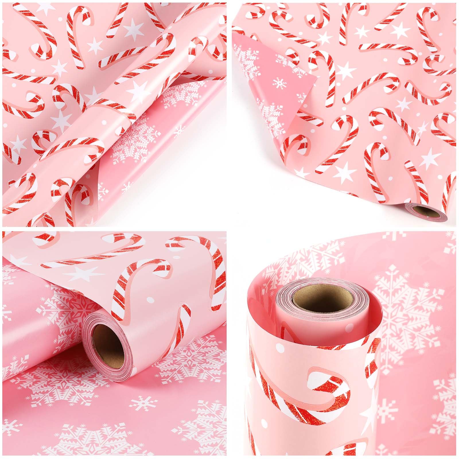 LaRibbons Reversible Christmas Wrapping Paper Jumbo Roll with Pink Pom Pom, Classic Candy Cane/Snowflake Gift Wrap Set for Christmas, Party, Holiday Celebration, 30 Inch × 40 Feet (100 sq. ft. ttl.)