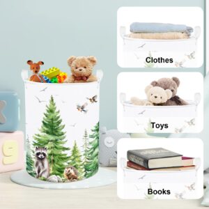 Clastyle 45L Large Green Pine Tree Deer Owl Kid Laundry Hamper with Handle Collapsible Forest Hedgehog Raccoon Clothes Toy Storage Basket with Lid for Nursery