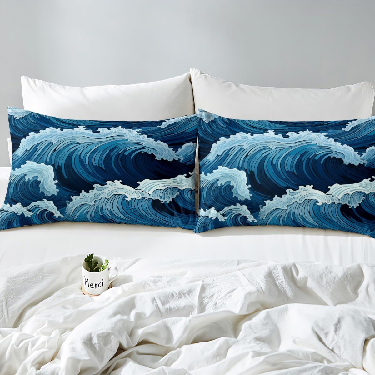 Feelyou Sea Waves Duvet Cover Blue Ocean Coastal Theme Bedding Set for Kids Boys Girls Beach Comforter Cover Soft Bedspread Cover Full Size