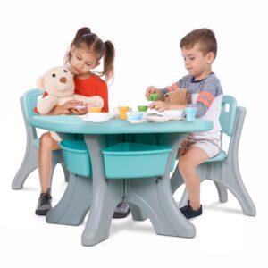 super deal kids table and chairs set 3 piece plastic children activity table with 4 detachable toy storage bins for arts, crafts, snack time and more, safety round corners, green