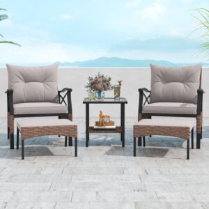 HAPPYGRILL 5 Pieces Patio Conversation Set, Outdoor Wicker Furniture Set with Armchairs, 2-Tier Coffee Table, 2 Ottomans and Cushions, Rattan Outdoor Chair Set for Backyard, Front Porch, Poolside