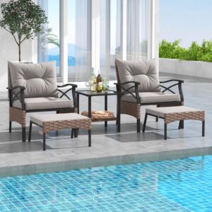 HAPPYGRILL 5 Pieces Patio Conversation Set, Outdoor Wicker Furniture Set with Armchairs, 2-Tier Coffee Table, 2 Ottomans and Cushions, Rattan Outdoor Chair Set for Backyard, Front Porch, Poolside