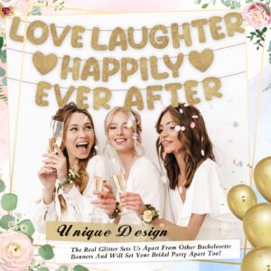 Breling Pre Strung Love Laughter Happily Ever After Banner Glitter Bridal Shower Decorations Bachelorette Party Decor for Love Married Wedding Shower Engagement Party Banner(Champagne Gold)