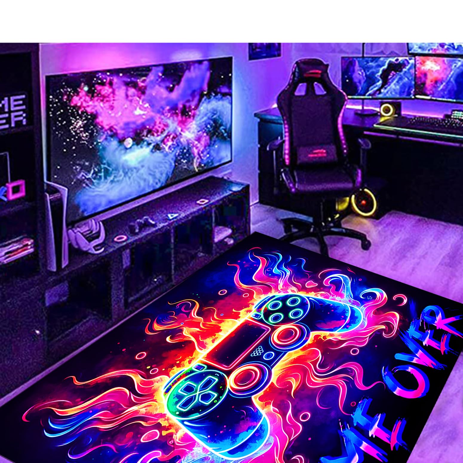 Manicer Neon Gaming Area Rug, Blacklight UV Reactive Game Controller Non-Slip Door Throw Rug Fluorescent Flannel Floor Mat Carpet, Glow in The Dark Play Mat for Bedroom, Playroom - 19.7" x 31.5"