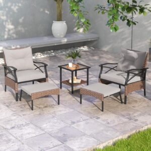 HAPPYGRILL 5 Pieces Patio Conversation Set, Outdoor Wicker Furniture Set with Armchairs, 2-Tier Coffee Table, 2 Ottomans and Cushions, Rattan Outdoor Chair Set for Backyard, Front Porch, Poolside