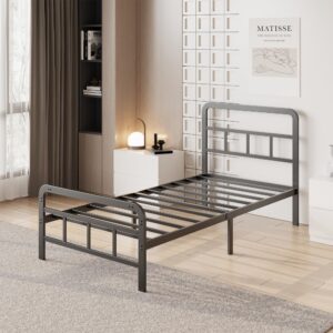 Lutown-Teen 12 Inch Twin Bed Frames with Headboard and Footboard, No Box Spring Needed, Heavy Duty Metal Mattress Foundation, Noise Free, Easy Assembly, Black