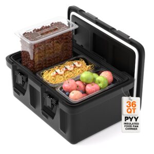 PYY Insulated Food Pan Carrier - 36QT Hot Box Food Warmer Box Stackable Top Load LLDPE Commercial Food Warmers with Three 1/3 Size PC Food Pans 4 Buckles for Restaurant Canteen Buffet Party Black