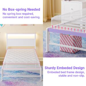 Weehom Twin Bed Frames with Headboard Shelf Storage, Wood Twin Bed Frame with Charging Station and LED Lights, No Box Spring Needed Twin Size Metal Bed Frame for Kids Students, White