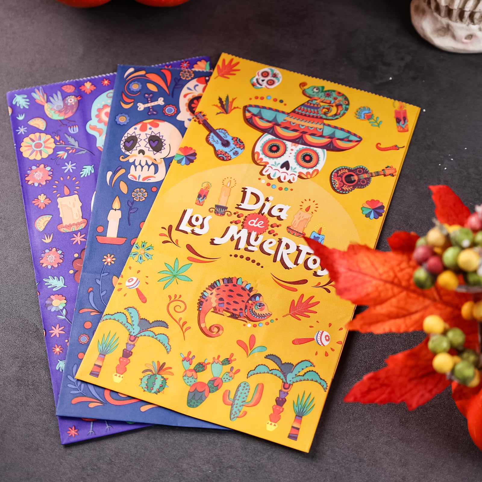 VGOODALL 27PCS Halloween Party Favor Bags, Day of the Dead Treat Bags Paper Goodie Bags Candy Bags with Stickers for Party Favor Supplies 3 Designs