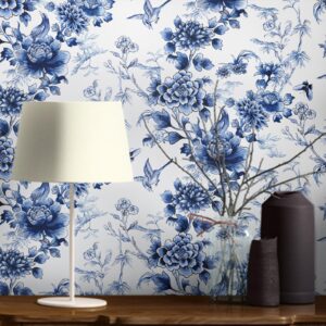 RUSPEPA Peel and Stick Wallpaper - Blue Flower White Design Self Adhesive Removable Wallpaper Decorative Waterproof Contact Paper for Cabinets, Walls - 17.3 Inch x 6.5 Feet