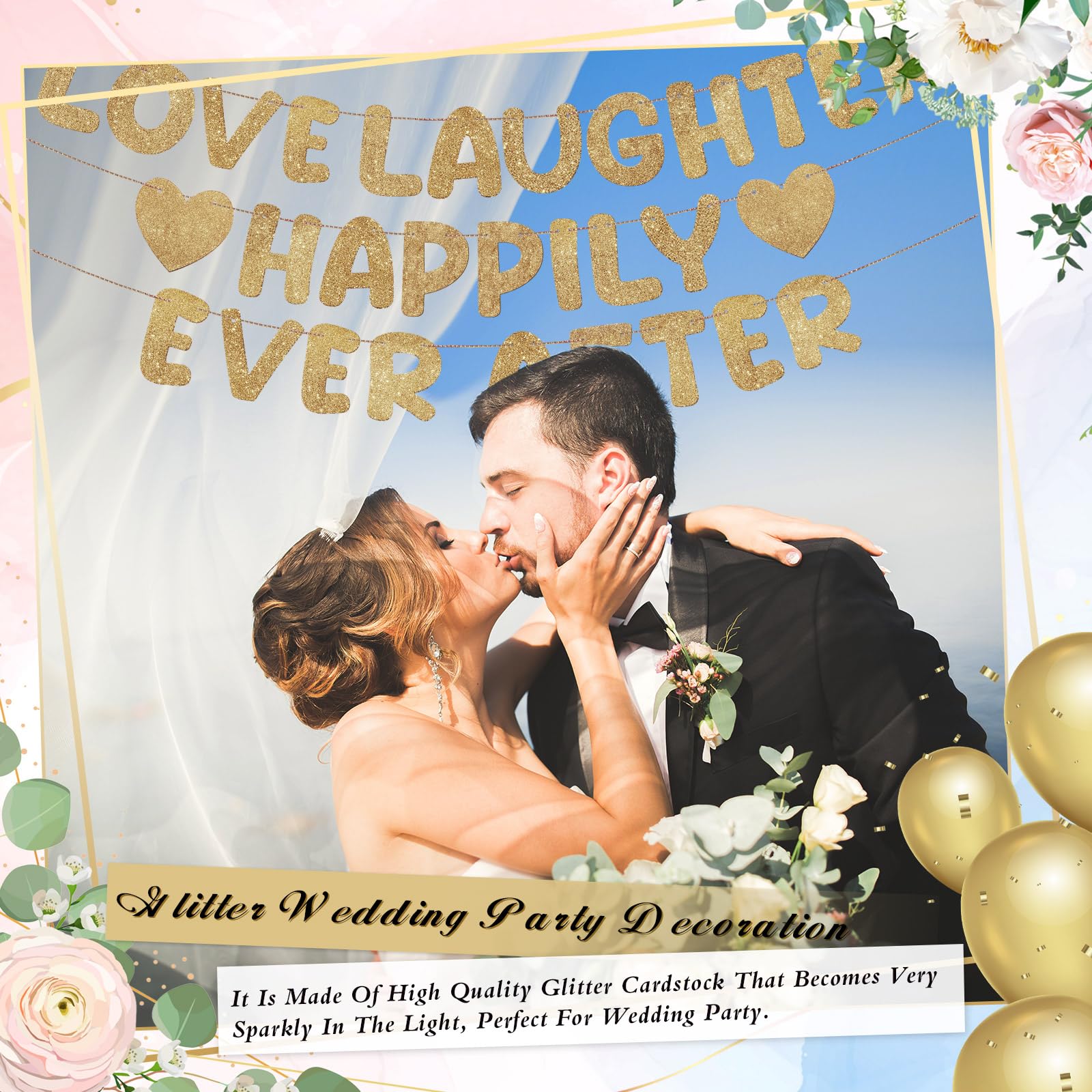 Breling Pre Strung Love Laughter Happily Ever After Banner Glitter Bridal Shower Decorations Bachelorette Party Decor for Love Married Wedding Shower Engagement Party Banner(Champagne Gold)