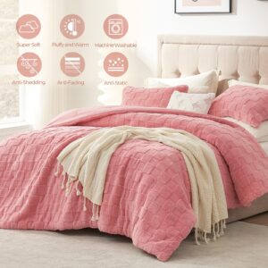 Cozy Bliss Fluffy Queen Size Comforter Set, Farmhouse Jacquard Checkered Sherpa Bed Set, Ultra Soft Thick Bedding Set for Winter, 3 Pieces, 1 Fuzzy Comforter & 2 Pillow Shams, Hot Pink