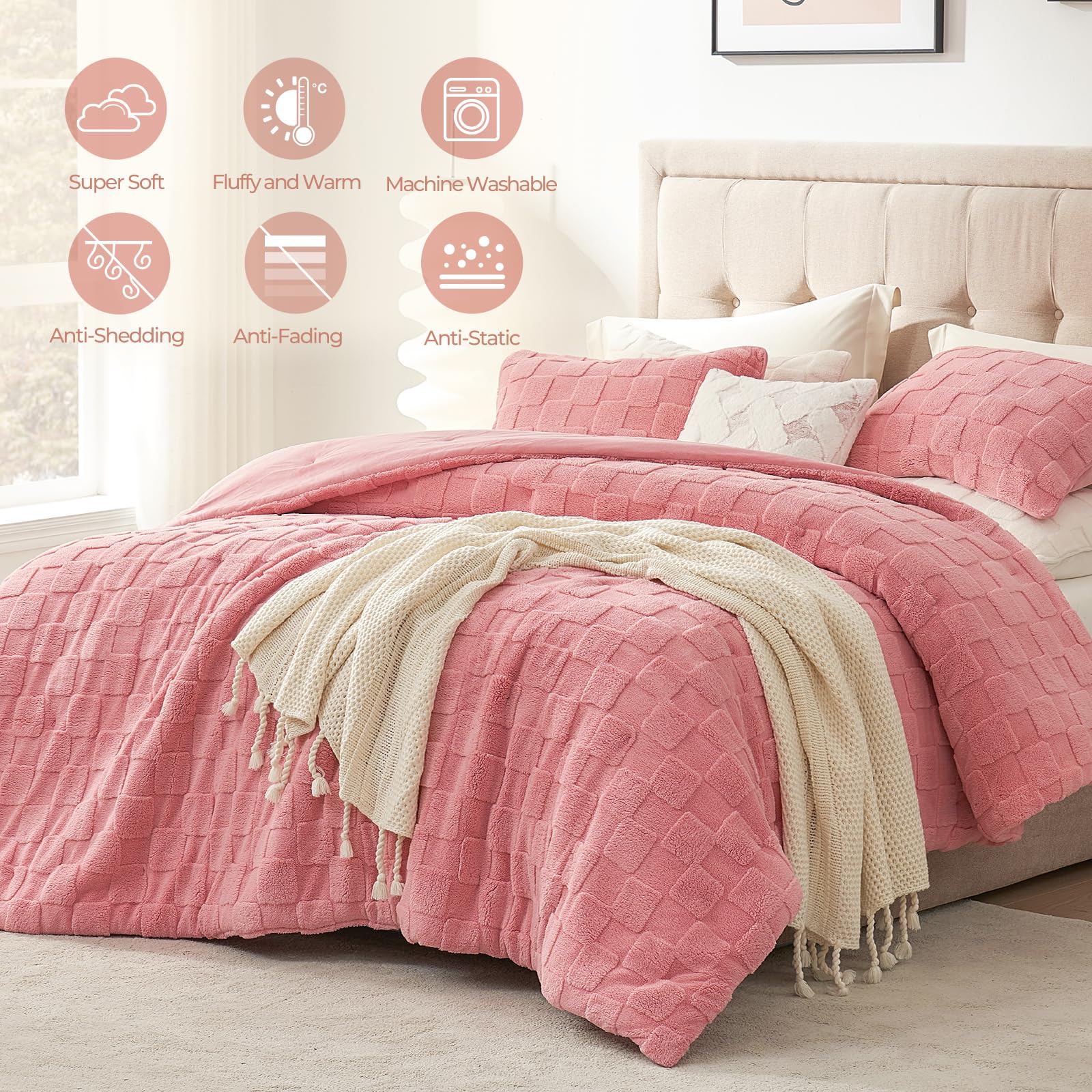 Cozy Bliss Fluffy Queen Size Comforter Set, Farmhouse Jacquard Checkered Sherpa Bed Set, Ultra Soft Thick Bedding Set for Winter, 3 Pieces, 1 Fuzzy Comforter & 2 Pillow Shams, Hot Pink