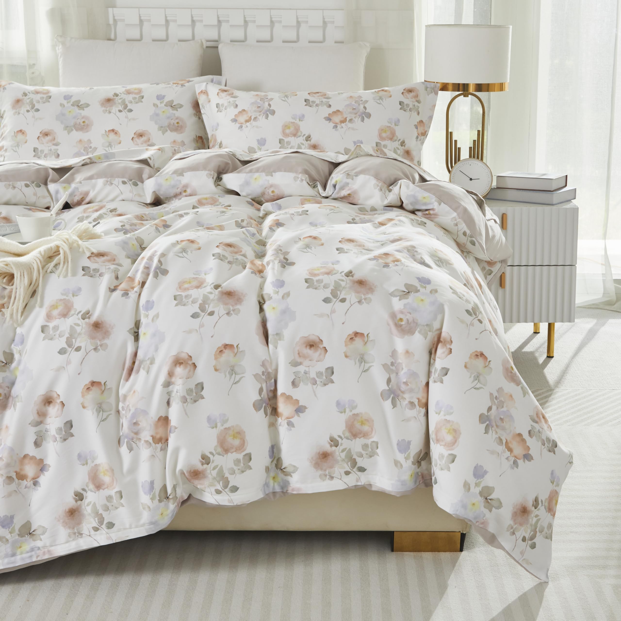 Brandream Floral Bedding Cotton Tencel Duvet Cover Set 4 Piece, 60% Lyocell & 40% Cotton,Hypoallergenic,Breathable and Soft Bedding Set, Floral Duvet Cover with Zipper Closure and Corner Ties