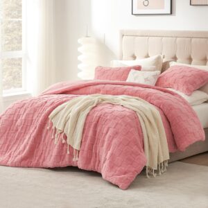 Cozy Bliss Fluffy Queen Size Comforter Set, Farmhouse Jacquard Checkered Sherpa Bed Set, Ultra Soft Thick Bedding Set for Winter, 3 Pieces, 1 Fuzzy Comforter & 2 Pillow Shams, Hot Pink