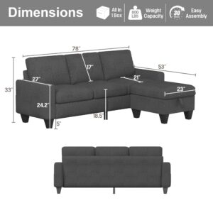 Yattem Convertible Sectional Sofa Couch:Dark Grey 3 Seat L Shaped Sofa Couch with Storage Movable Ottoman and Pockets—Modern Linen Fabric Upholstered Sofa Set for Living Room Small Space Apartment