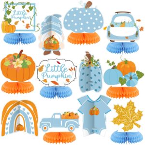 liliful 12 pcs fall pumpkin honeycomb centerpieces little pumpkin party decorations for boy girl thanksgiving fall gender reveal baby shower autumn harvest birthday party supplies(blue)