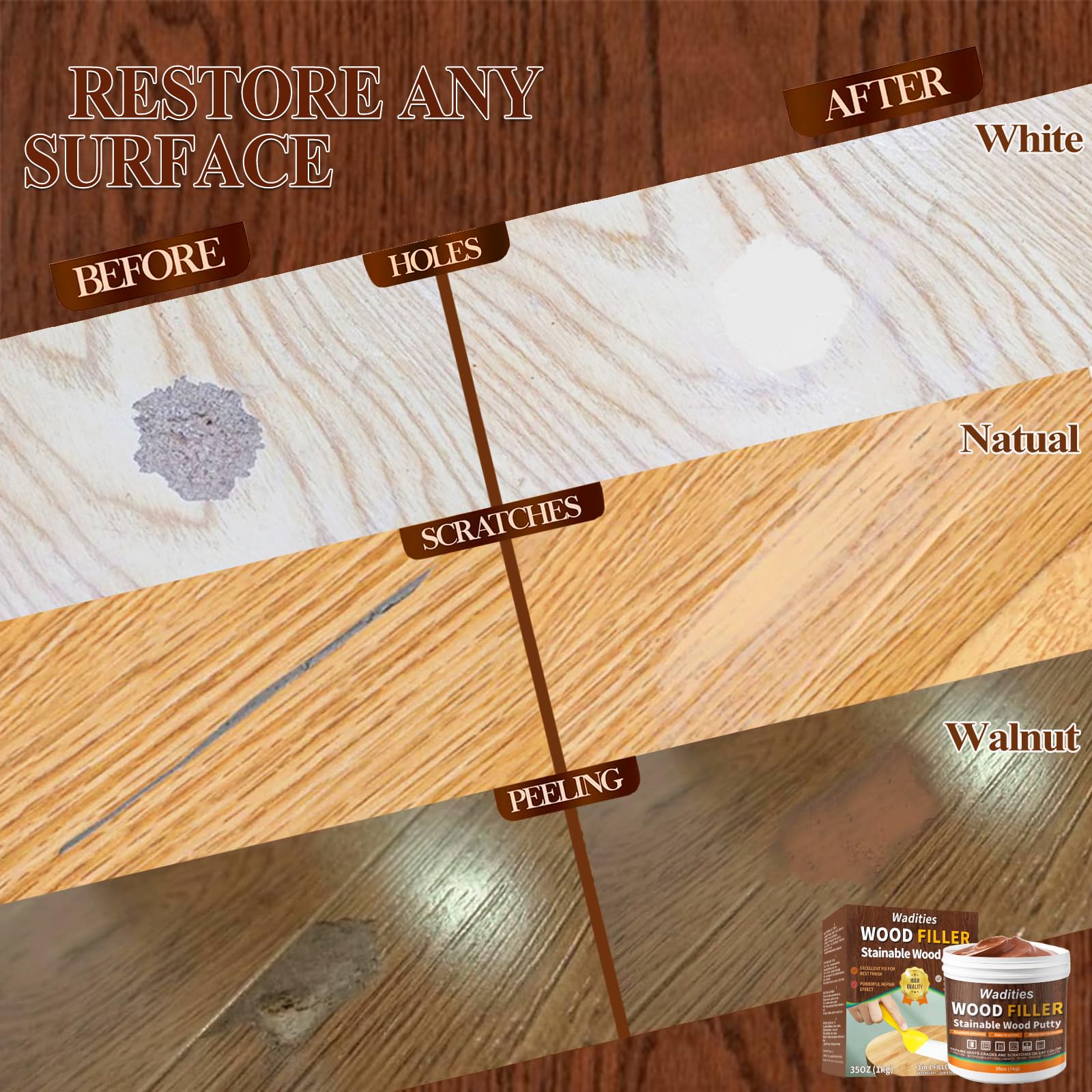 35oz Wood Filler, Walnut Wood Putty, Wadities Paintable Stainable Wood Repair Putty, Wood Furniture Repair Kit, Quickly Repair Broken and Defective Wooden Furniture (Walnut)