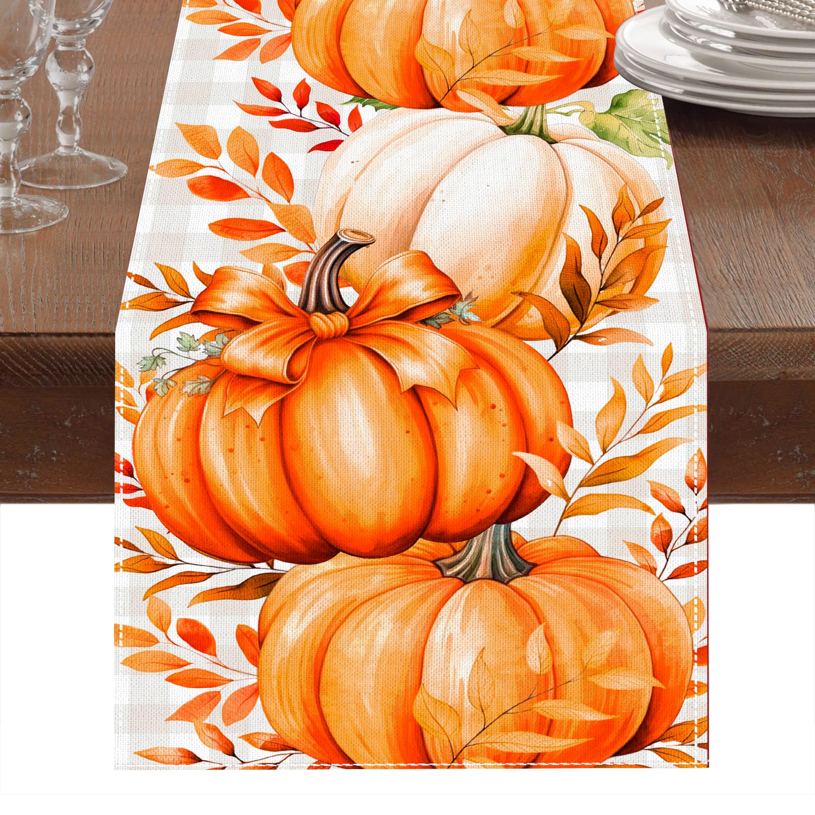 Netnology Pumpkins Leaves Fall Table Runner, White and Gray Buffalo Plaid Thanksgiving Table Runner, Seasonal Farmhouse Indoor Decor Autumn Decorations for Home 13 x 72 Inch