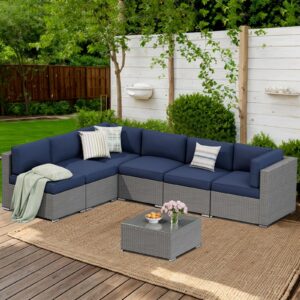 SUNCROWN Outdoor 14-Piece Replacement Cushions for Patio Furniture, Water-Resistant Cushion for 6-seat Patio Sectional Conversation Set, Liner&Cover(Dark Blue)